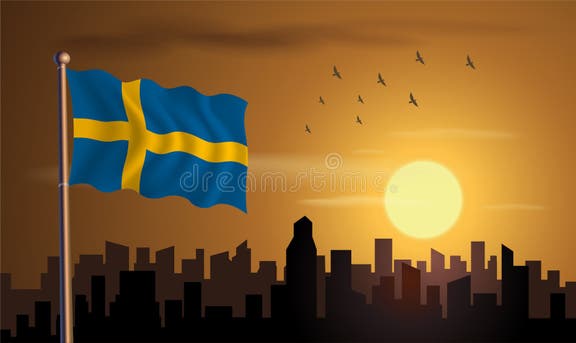 Sweden Flag with Building Silhouette and Sunset Stock Vector ...