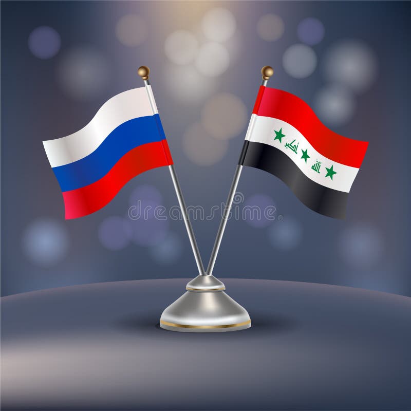 Russian Federation VS Iraq Flag Relation in a Stand on Table. Vector ...