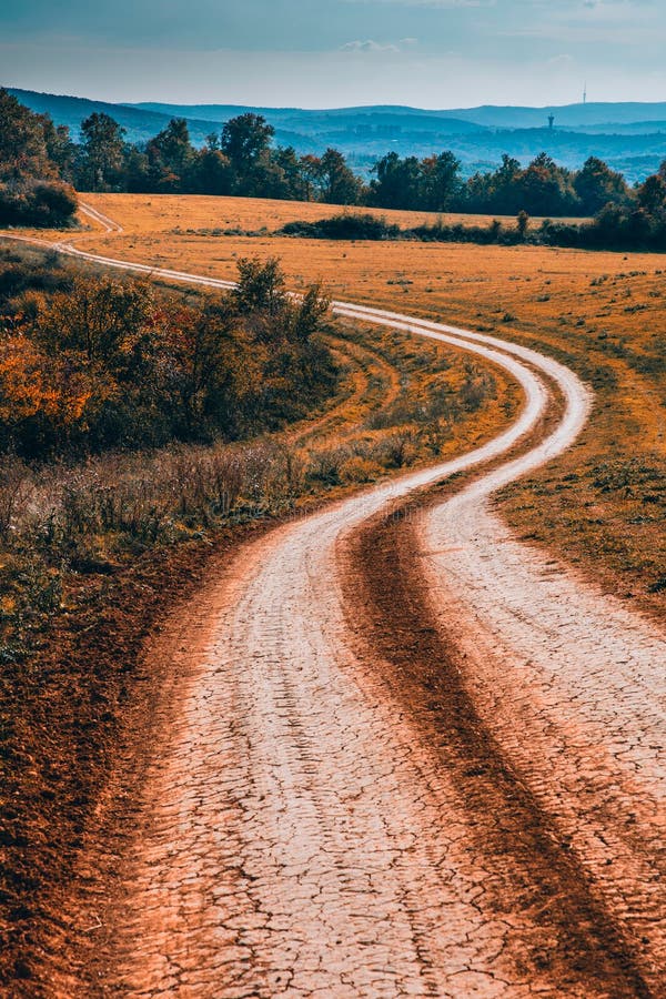 Bending Dirty Road Landscape in Autumn Stock Image - Image of footpath ...