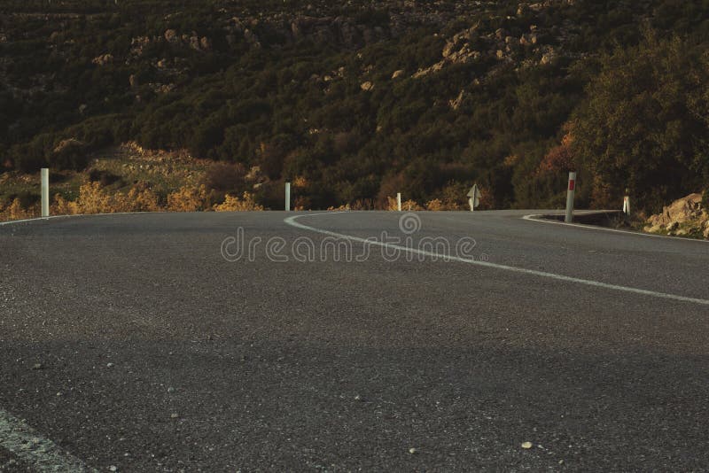 Bending One Lane Road with Trees and Bushes Stock Photo - Image of ...