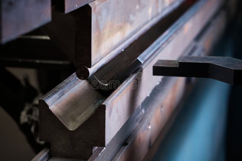 Bending Press Operates with Metal Sheet in Plant Workshop Stock Image ...