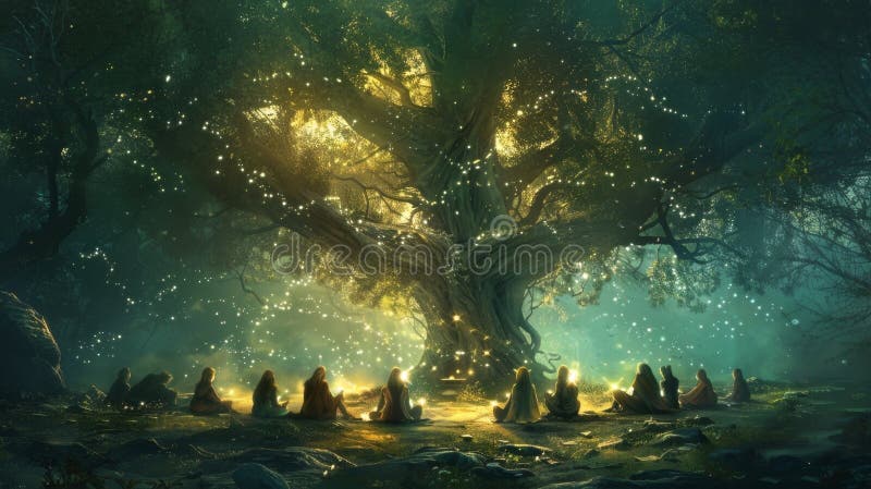 Beneath the Canopy of a Towering Tree a Group of Ethereal Beings Sat in ...