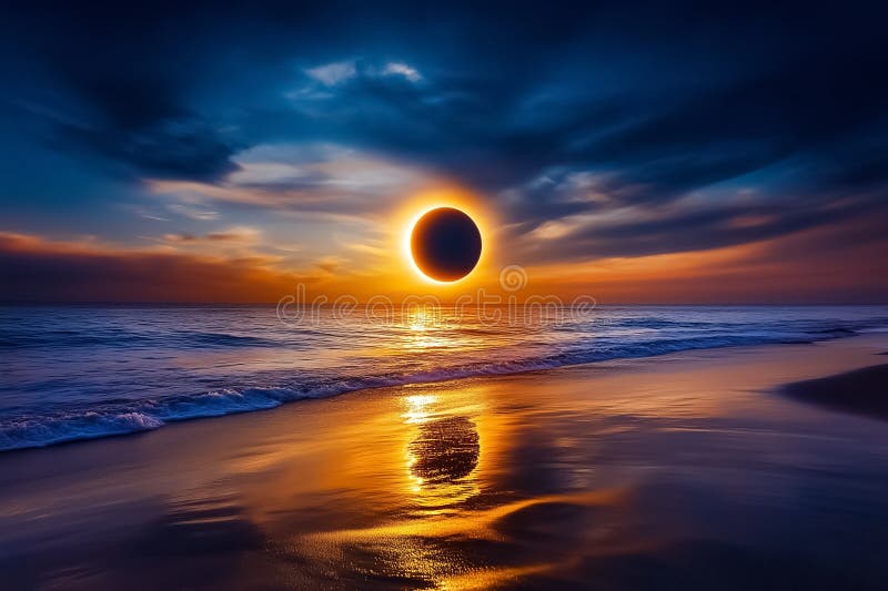 Solar Eclipse Over Tranquil Landscape Reflection Water Stock Photos ...