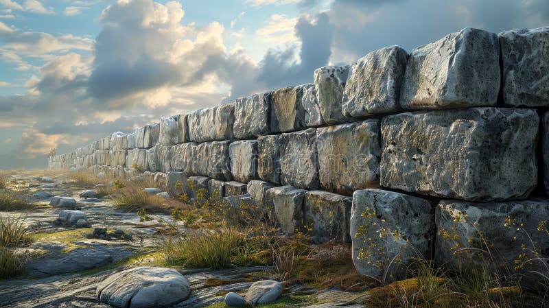 Beneath a Cloudy Sky, the Ancient Stone Wall Stretches on Endlessly ...