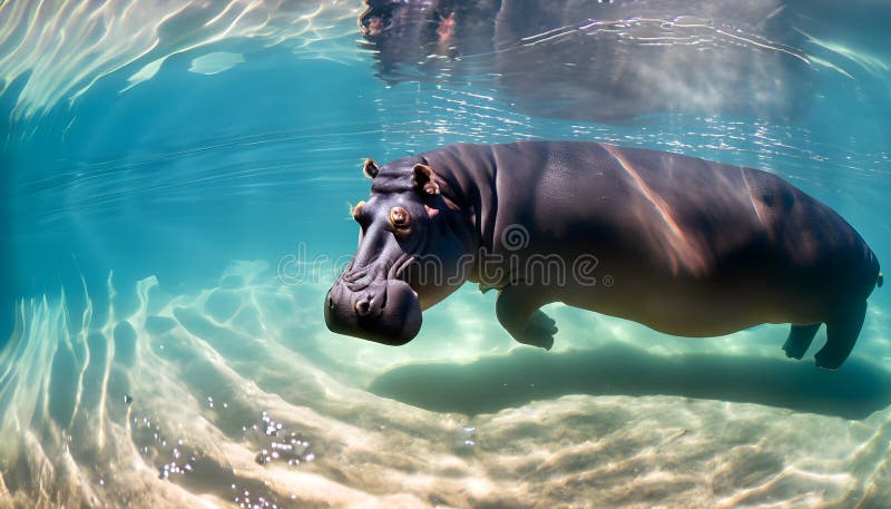 A Hippo Swimming Gracefully Underwater, Surrounded by Ripples and ...