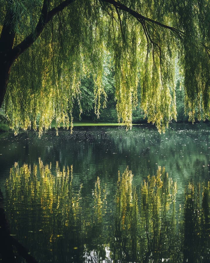 Lush Weeping Willow Cascading Gracefully Over Tranquil Water Surface ...