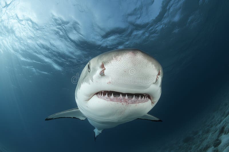 Beneath a Massive White Shark with Its Teeth Bared Lies the Ocean, a ...