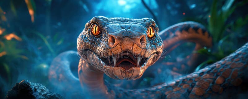 Predator Snake with Sharp Features Stalking Prey Under Night Sky, a ...