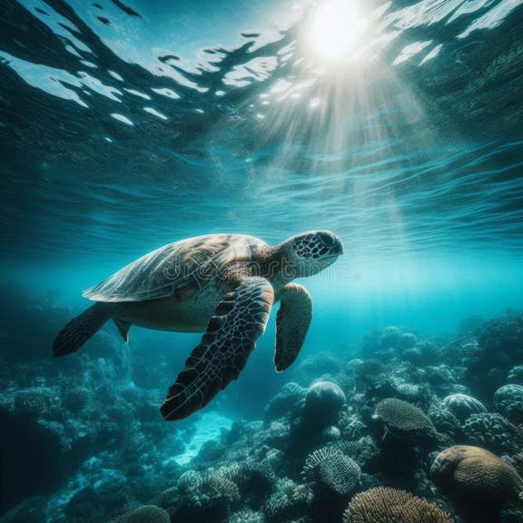 Beneath the Waves with a Turtle Stock Illustration - Illustration of ...