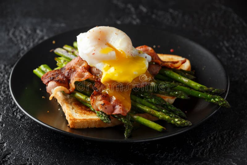 Benedict Poached Duck Egg with Crispy Bacon and Fried Asparagus on ...