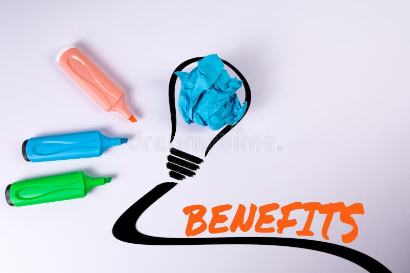 Benefits Concept. Text and Colored Markers on a White Background Stock ...