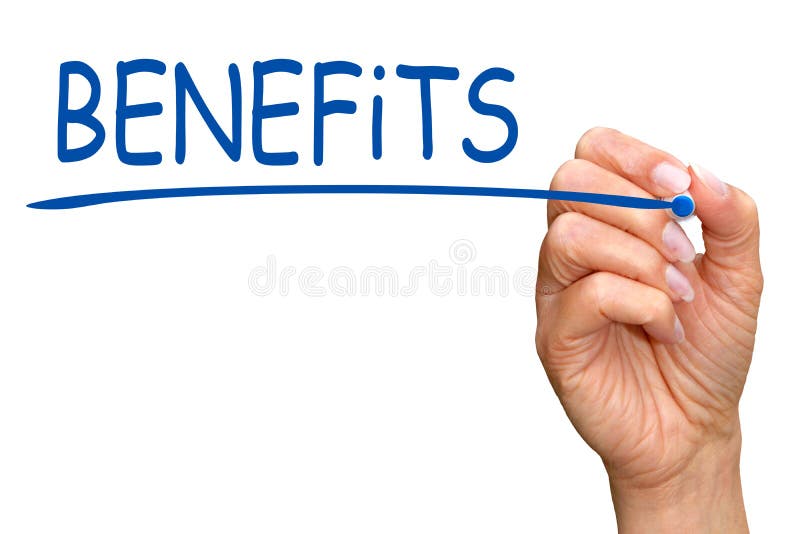 Benefits - Female Hand Writing Blue Text With Marker Stock Image ...
