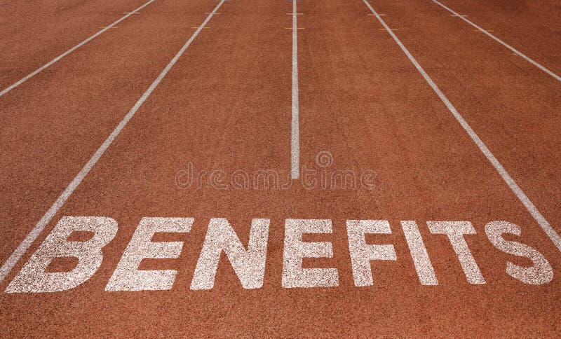 Benefits Written on Running Track, New Concept on Running Track Text in ...