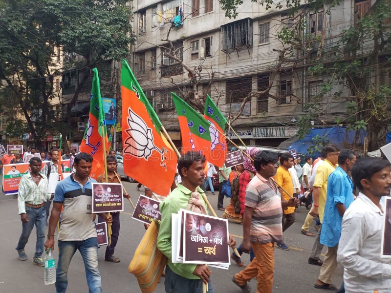 Bengal BJP Protest, People with Flags and Banners in the Street ...