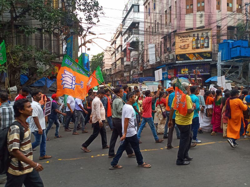 Bengal BJP Protest, People with Flags and Banners in the Street ...