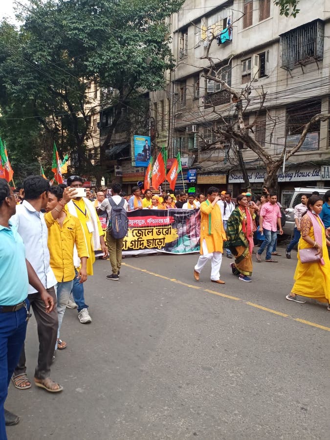 Bengal BJP Protest, People with Flags and Banners in the Street ...