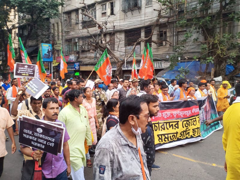 Bengal BJP Protest, People with Flags and Banners in the Street ...