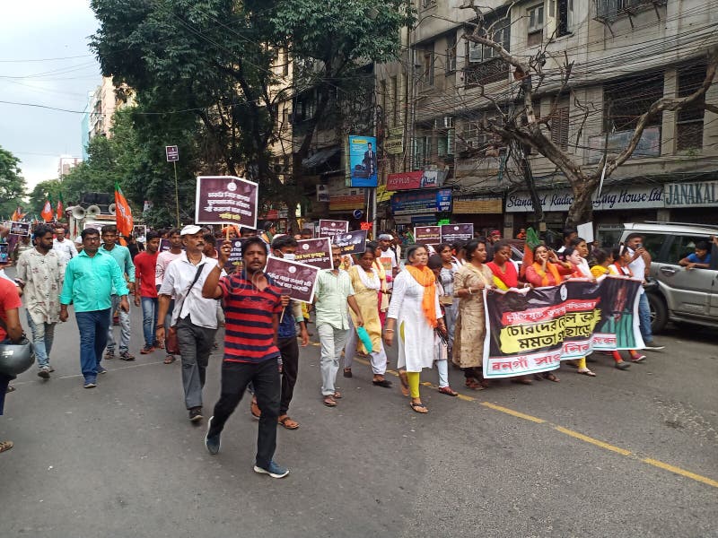 Bengal BJP Protest, People with Flags and Banners in the Street ...