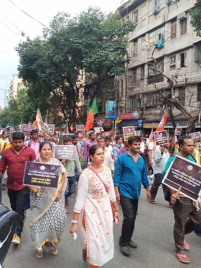 Bengal BJP Protest, People with Flags and Banners in the Street ...