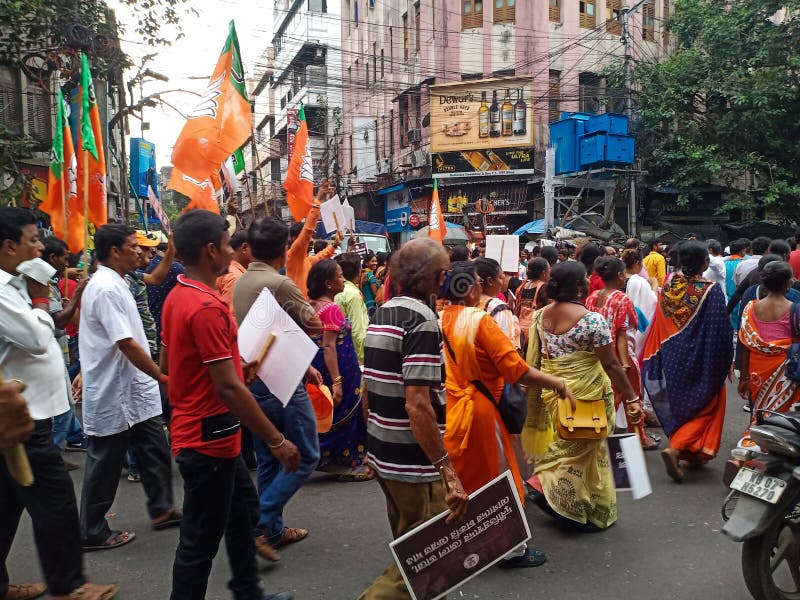 Bengal BJP Protest, People with Flags and Posters in the Street ...