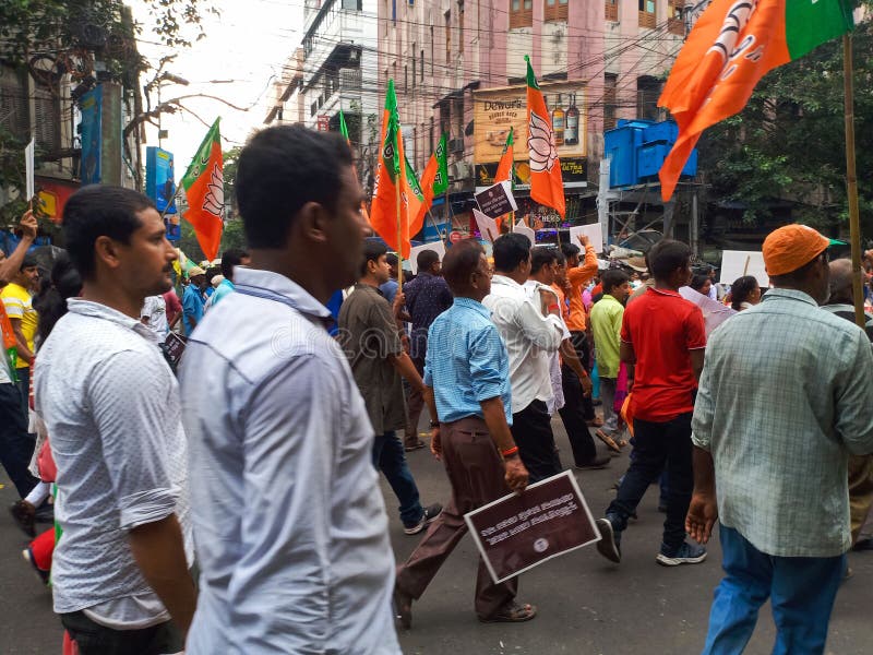 Bengal BJP Protest, People with Flags and Posters in the Street ...