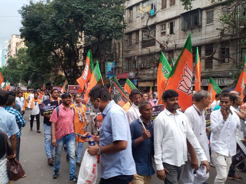 Bengal BJP Protest, People with Flags and Posters in the Street ...