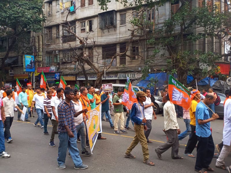 Bengal BJP Protest, People with Flags and Posters in the Street ...