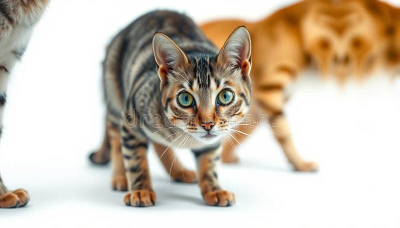 Bengal Cat Approaching and Looking at Camera with Blurred Cats Stock ...