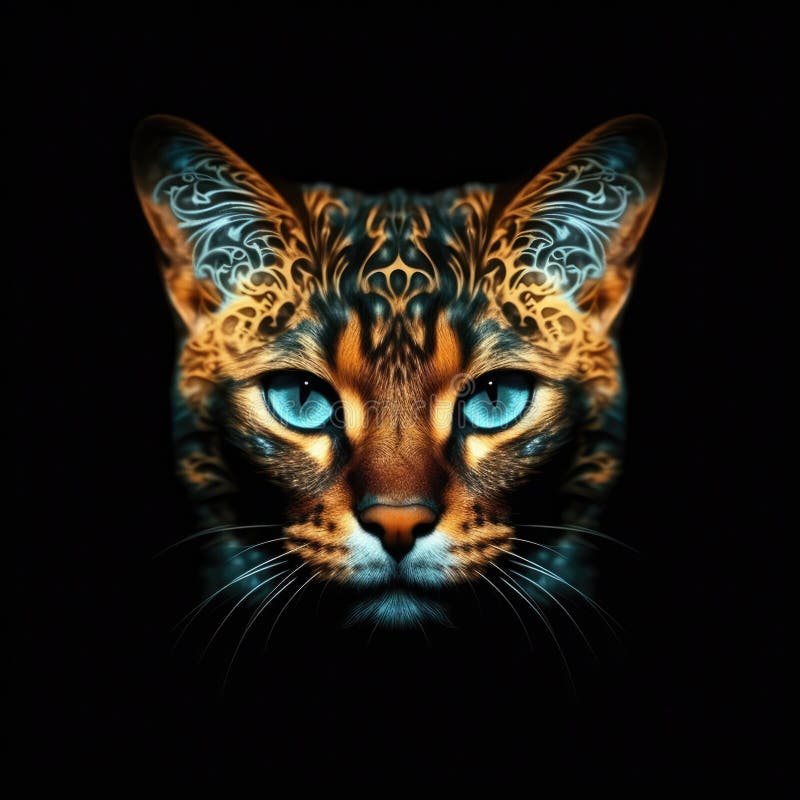 Bengal Cat Face Shape in Fire on Black Background. Generative AI Stock ...