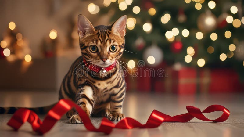 Bengal Cat with Festive Collar Playing with Red Ribbon Stock Image ...