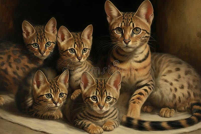 Bengal Cat with Four Kittens Lying on the Floor. Generative AI Stock ...