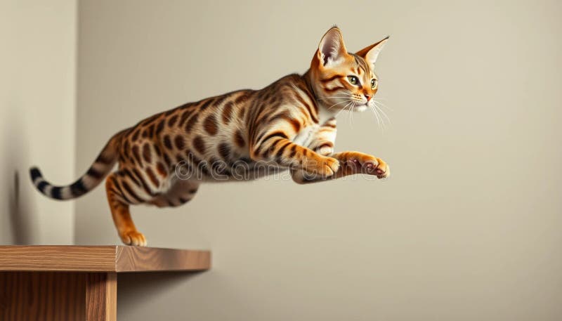 Bengal Cat Jumping from Table in Studio Setting with Neutral Background ...