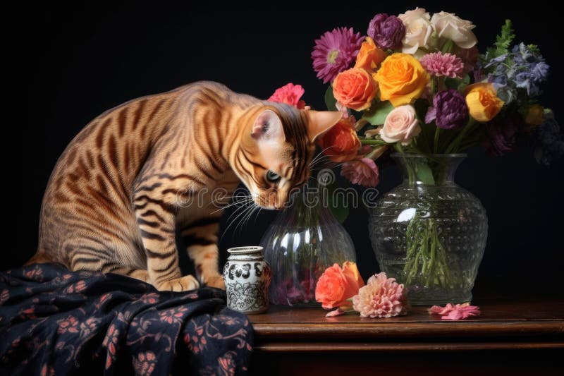 A Bengal Cat Knocking Over a Vase of Flowers on a Table Stock Image ...