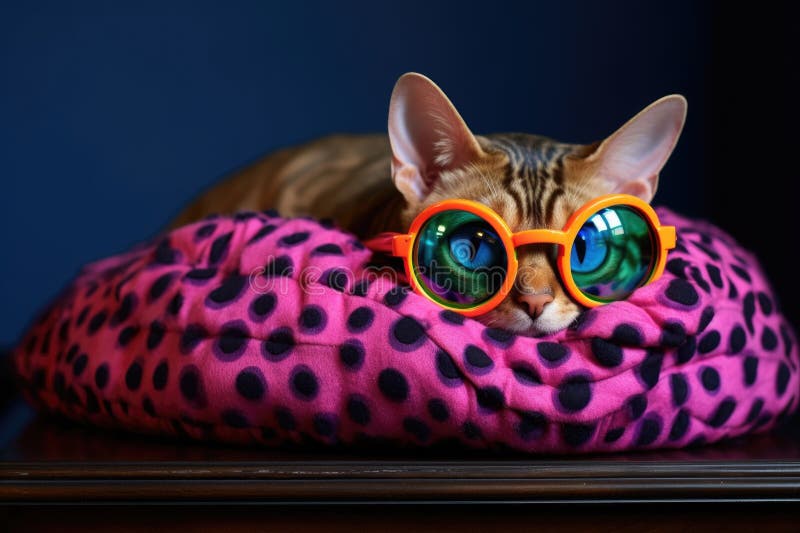A Bengal Cat with a Neon Sleeping Mask, Curled Up in a Cozy Cat Bed ...