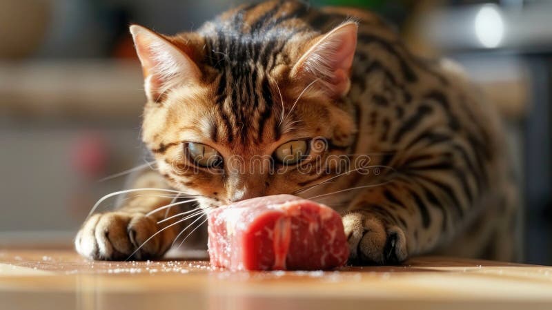 A Bengal Cat Pawing at a Chunk of Raw Beef on a Clean, Light-colored ...