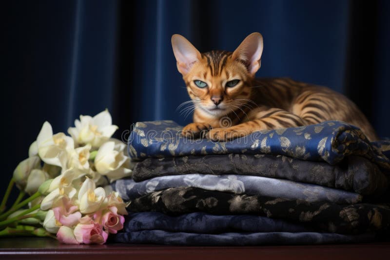A Bengal Cat on a Pile of Soft Pillows, with a Velvet Sleeping Mask ...
