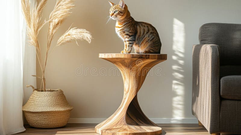 Bengal Cat Resting on Modern Wooden Side Table in Sunlit Room Stock ...