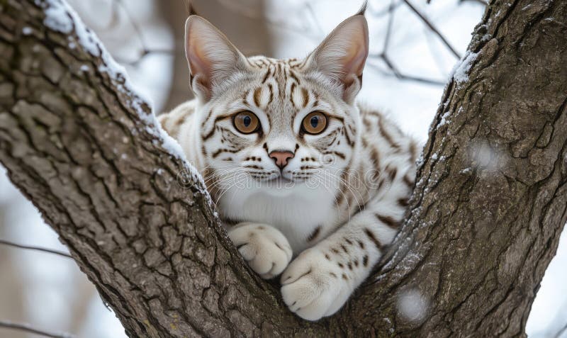 Bengal Cat Resting on Tree Branch, Snow-covered Background, Striking ...