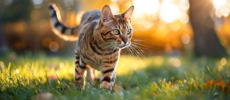 Bengal Cat Strolling through Grass Stock Image - Image of leisure ...