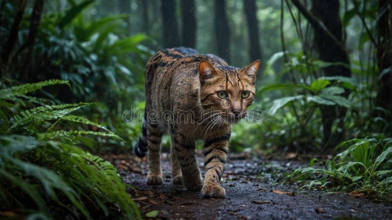 A Bengal Cat Walking through a Lush, Green Forest Path in a Misty ...