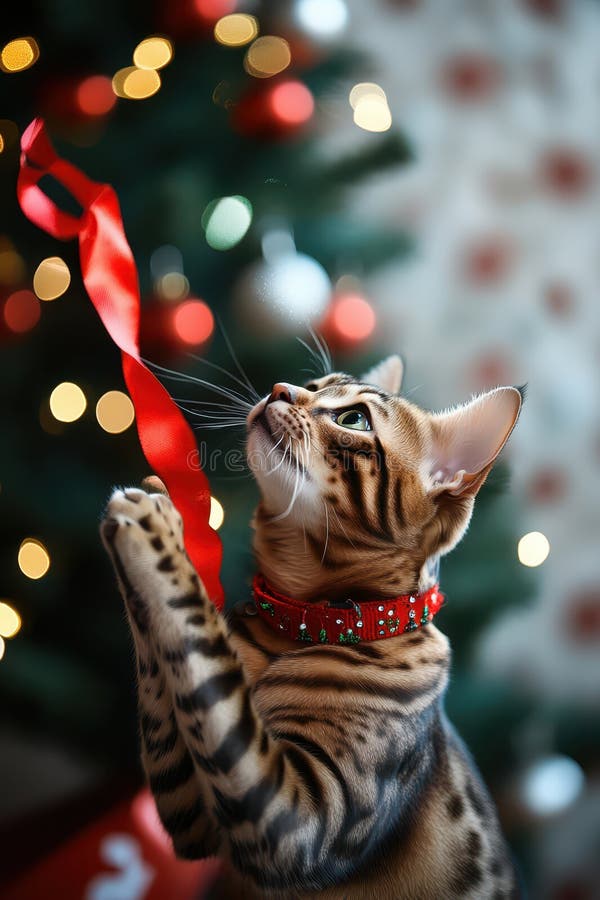 Bengal Cat Wearing Christmas Collar Playing with Ribbon Stock Photo ...