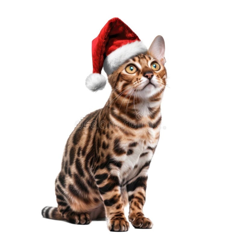 A Bengal Cat Wearing a Santa Hat Looking Up Stock Photo - Illustration ...