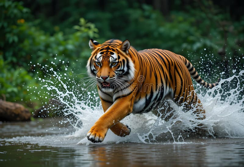 Bengal Tiger Charging through Water in Lush Forest Habitat Stock ...
