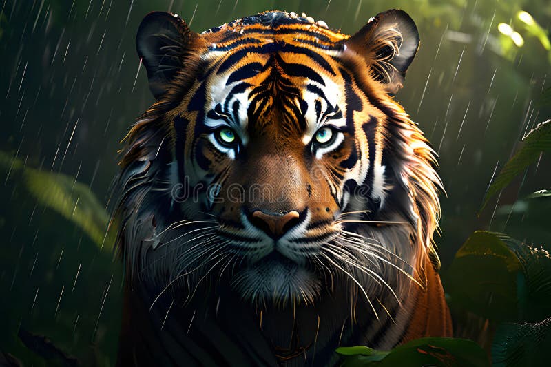 Bengal Tiger with Mustache Lies in the Jungle and Looks at the Camera ...