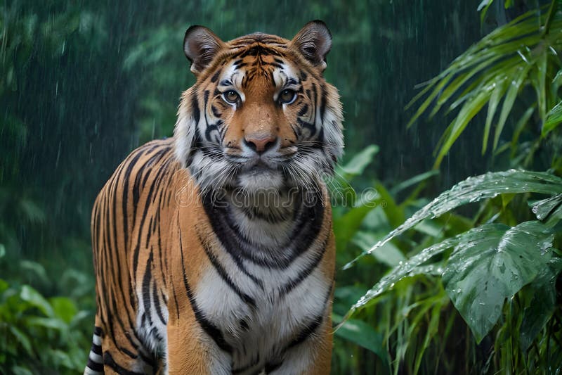 Bengal Tiger with Mustache Lies in the Jungle and Looks at the Camera ...