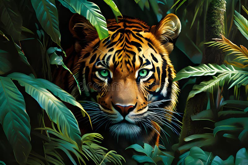 Bengal Tiger with Mustache Lies in the Jungle and Looks at the Camera ...