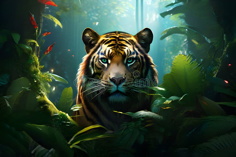 Bengal Tiger with Mustache Lies in the Jungle and Looks at the Camera ...