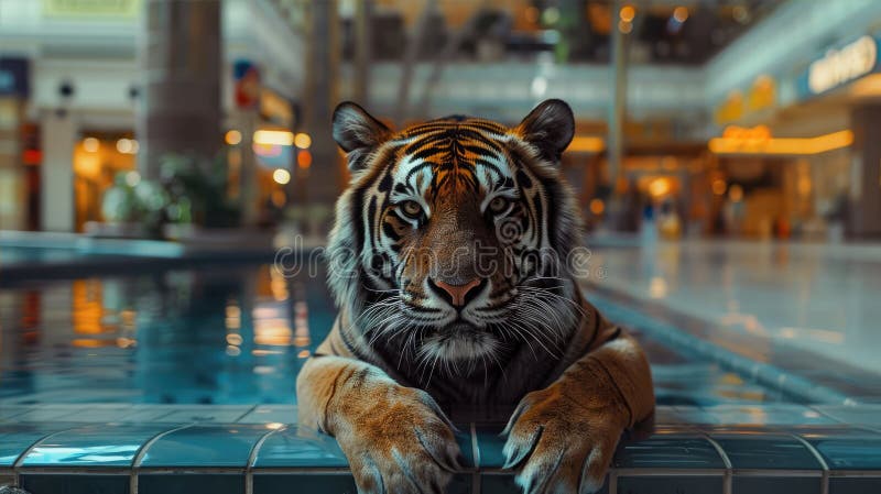 Bengal Tiger is Resting by the Water at a Mall Pool Stock Image - Image ...