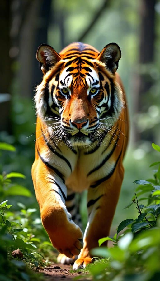 Bengal Tiger Walking on a Trail through Green Vegetation Stock ...
