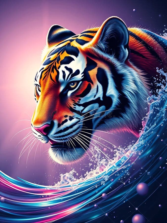 Bengal Tiger in Water Wave - Color Illustration Stock Illustration ...